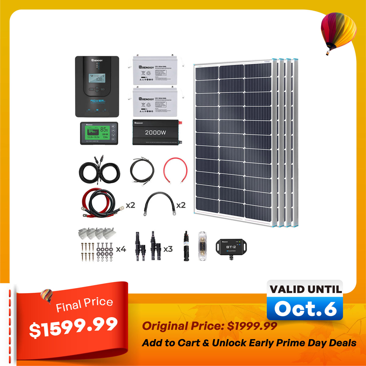 400W 12 Volt Complete Solar Kit with Two 100Ah Deep-Cycle AGM Batteries ...